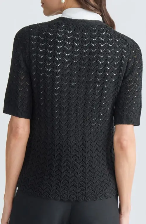 KASPER Textured Stitch Short Sleeve Cardigan - Black