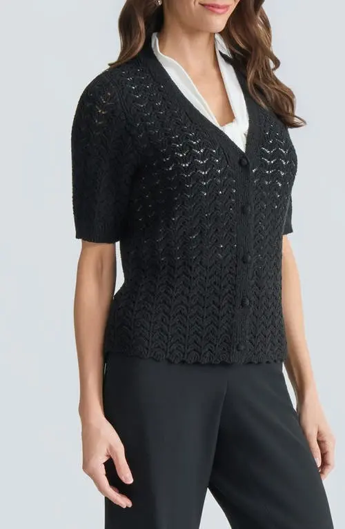 KASPER Textured Stitch Short Sleeve Cardigan - Black