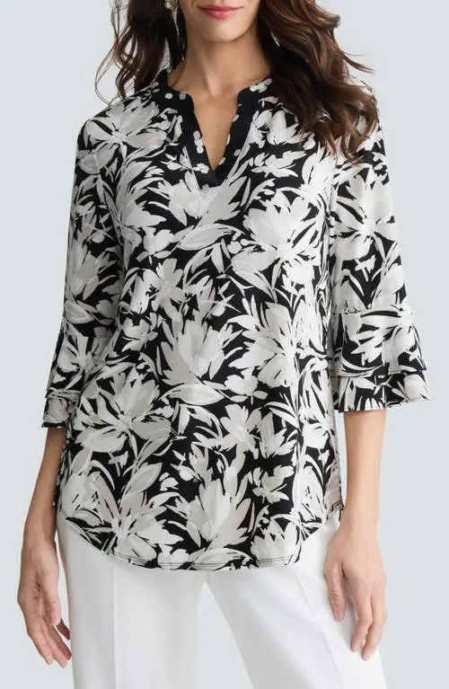 KASPER Floral Print Three-quarter Sleeve Knit Top - Black/white