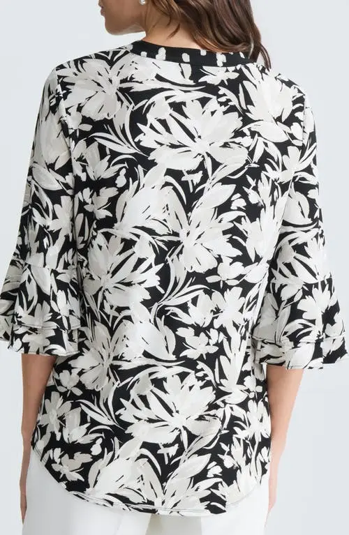 KASPER Floral Print Three-quarter Sleeve Knit Top