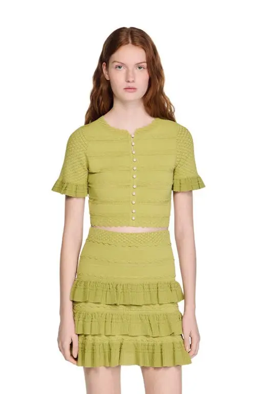 Sandro Cropped Ruffled-sleeve Cardigan - Green