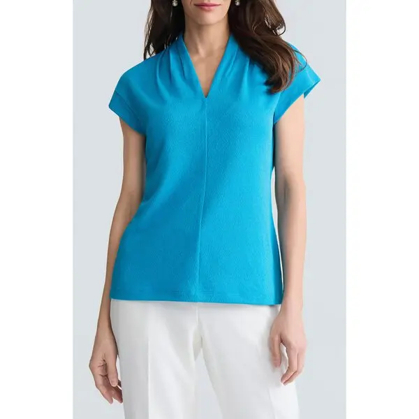 KASPER Textured Funnel Neck Knit Top With Cap Sleeves - Bright Azul