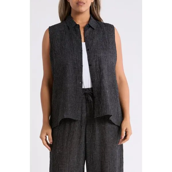 Eileen Fisher Sleeveless Grid Button-up Shirt