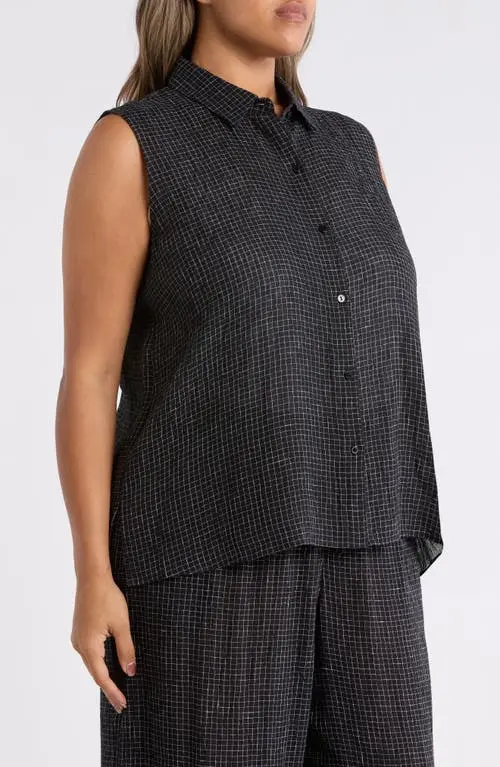 Eileen Fisher Sleeveless Grid Button-up Shirt