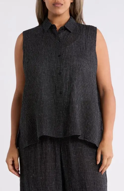 Eileen Fisher Sleeveless Grid Button-up Shirt