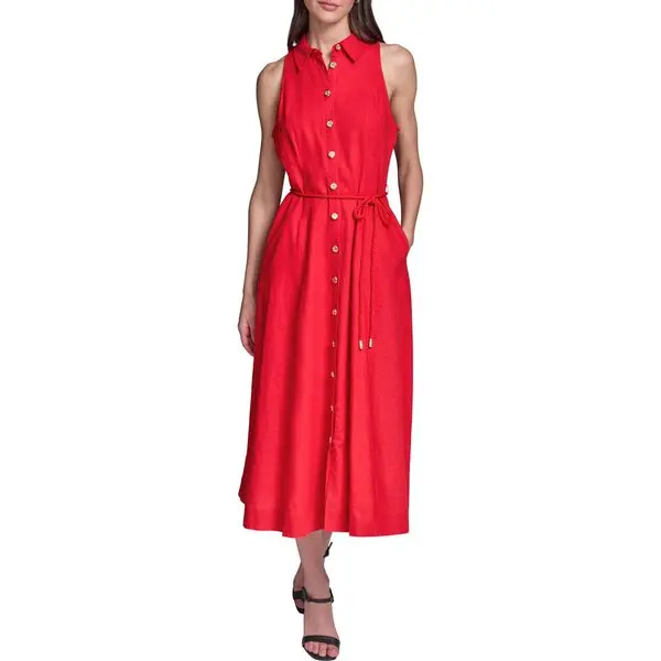 Karl Lagerfeld Sleeveless Linen-blend Shirtdress With Rope Belt