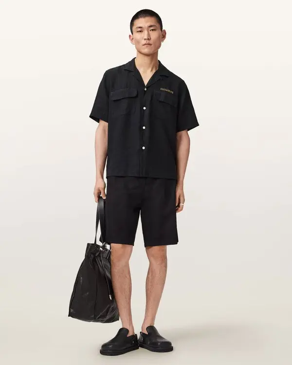 ALLSAINTS Dunloe Short Sleeve Boxy Linen Shirt - Black