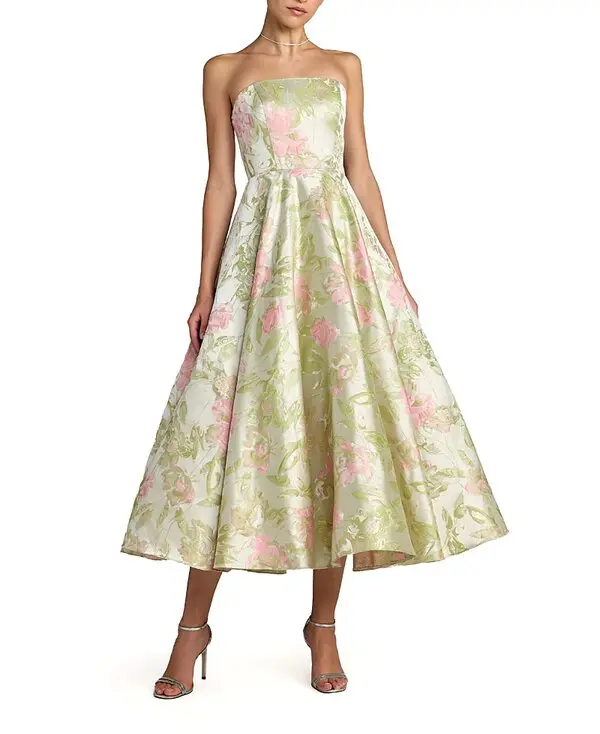 Mac Duggal Strapless Floral Brocade A-line Midi Dress