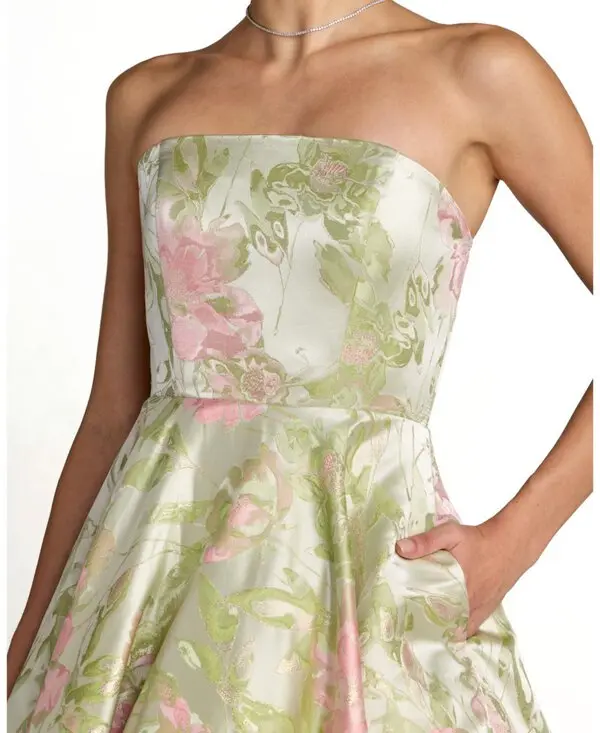 Mac Duggal Strapless Floral Brocade A-line Midi Dress