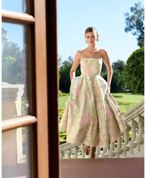 Mac Duggal Strapless Floral Brocade A-line Midi Dress