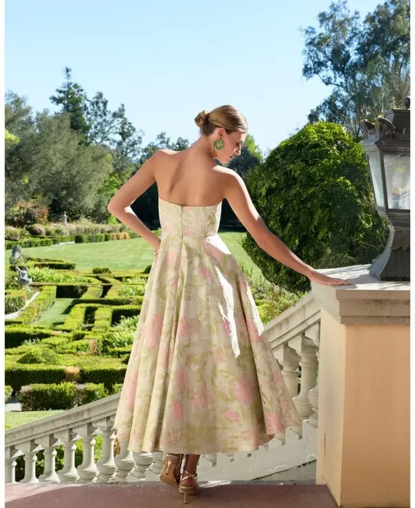 Mac Duggal Strapless Floral Brocade A-line Midi Dress