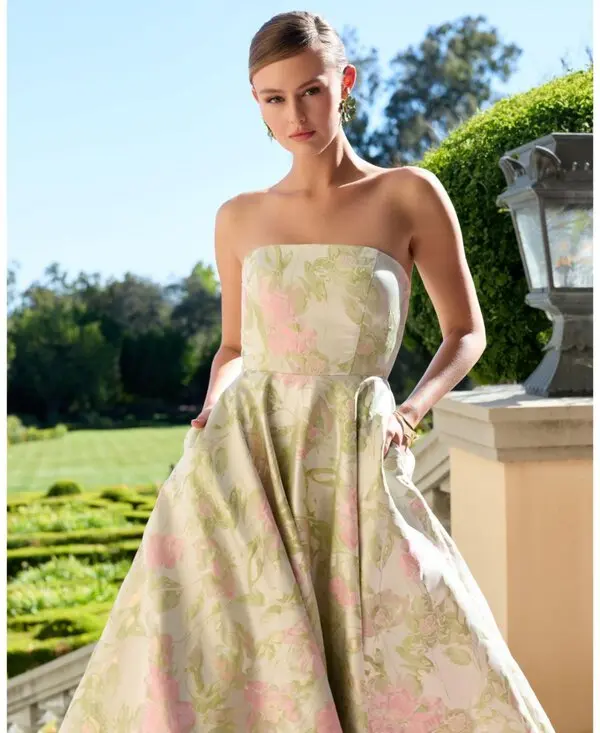 Mac Duggal Strapless Floral Brocade A-line Midi Dress