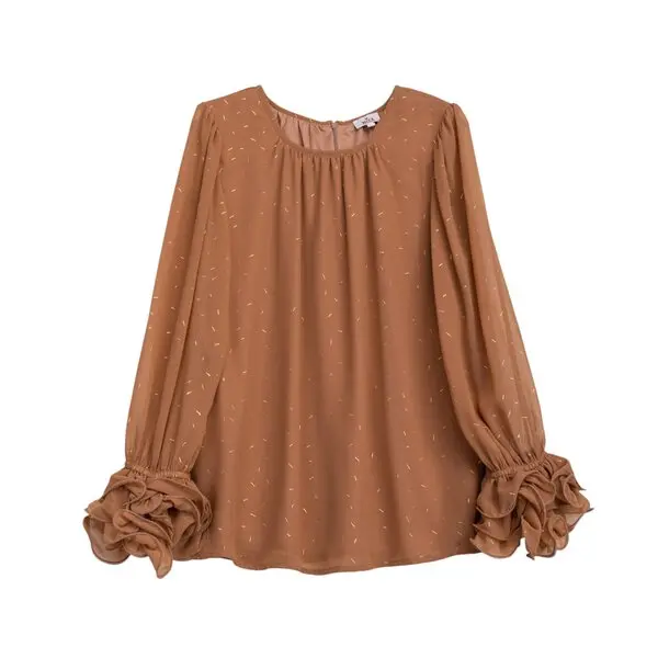 NIZA Camel Chiffon Blouse With Gold Lurex And Ruffle Cuffs