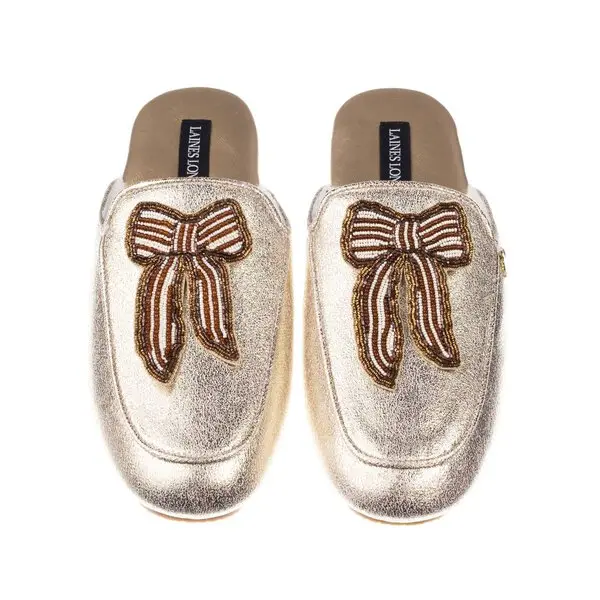 LAINES LONDON Embellished Striped Bow Mules - Gold
