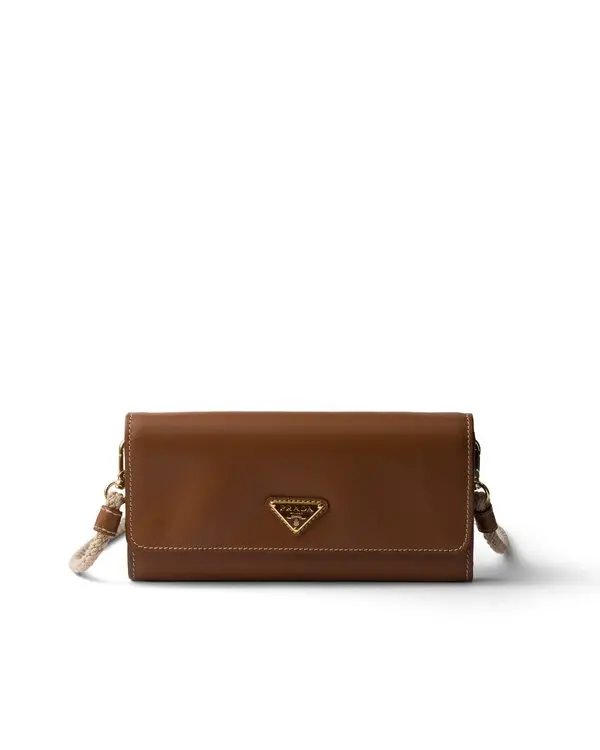 Prada Leather Wallet With Shoulder Strap - Cognac