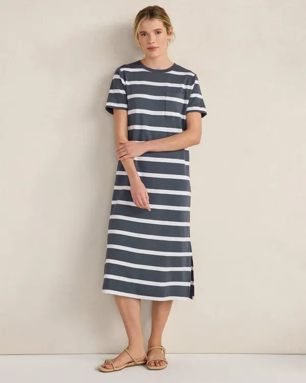 HAVEN WELL WITHIN Organic Cotton Interlock Striped Short Sleeve Midi Dress - Mixy Stripe Midnight Mult