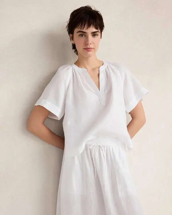 HAVEN WELL WITHIN Linen Gathered V-neck Top - White