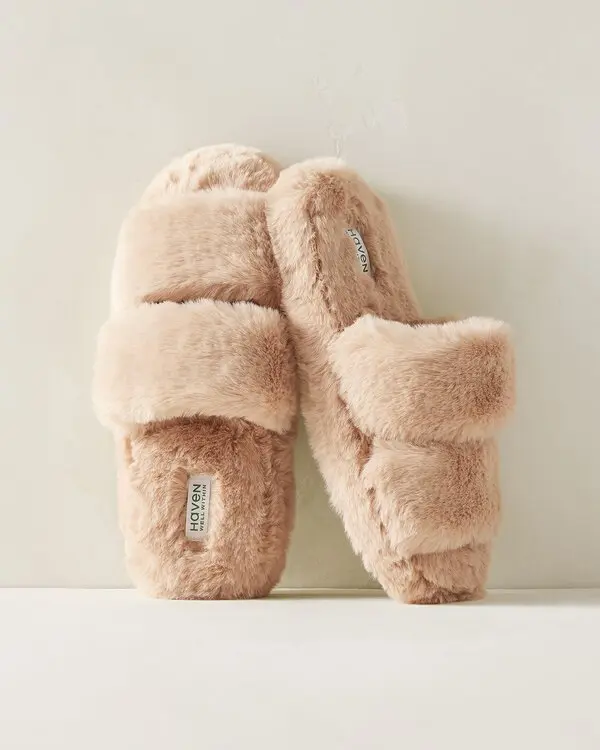 HAVEN WELL WITHIN Faux Fur Banded Slippers - Tan