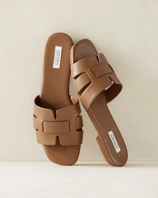 HAVEN WELL WITHIN Leather Threaded Cut-out Slides - Tuscan Olive