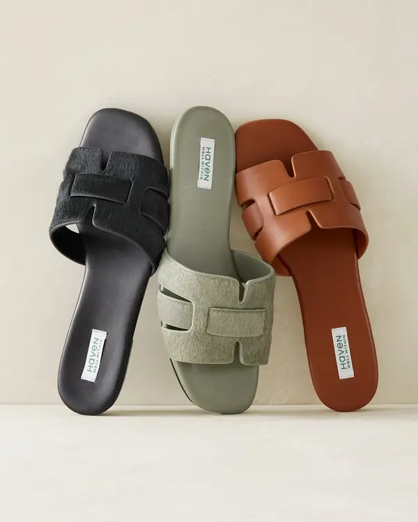 HAVEN WELL WITHIN Leather Threaded Cut-out Slides - Tuscan Olive