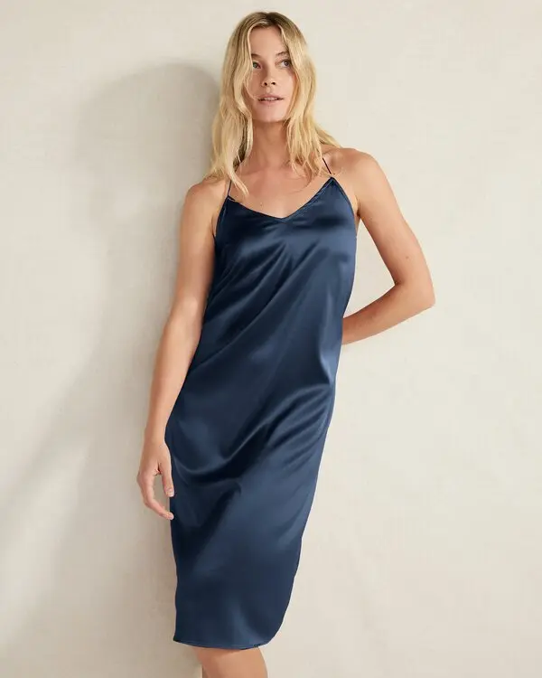HAVEN WELL WITHIN Washable Silk Chemise With V-neck And Spaghetti Straps - True Navy