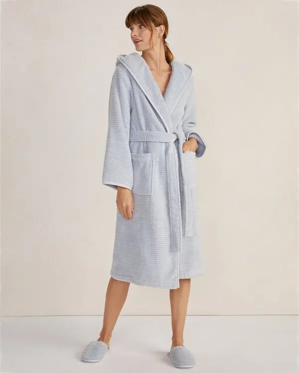 HAVEN WELL WITHIN Organic Cotton Ribbed Terry Hooded Robe - Serenity Blue