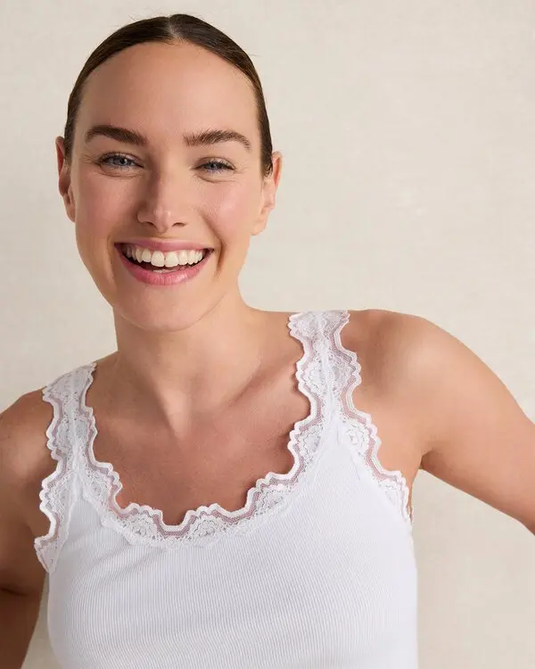 HAVEN WELL WITHIN Organic Cotton Rib Knit Lace Trim Tank - White
