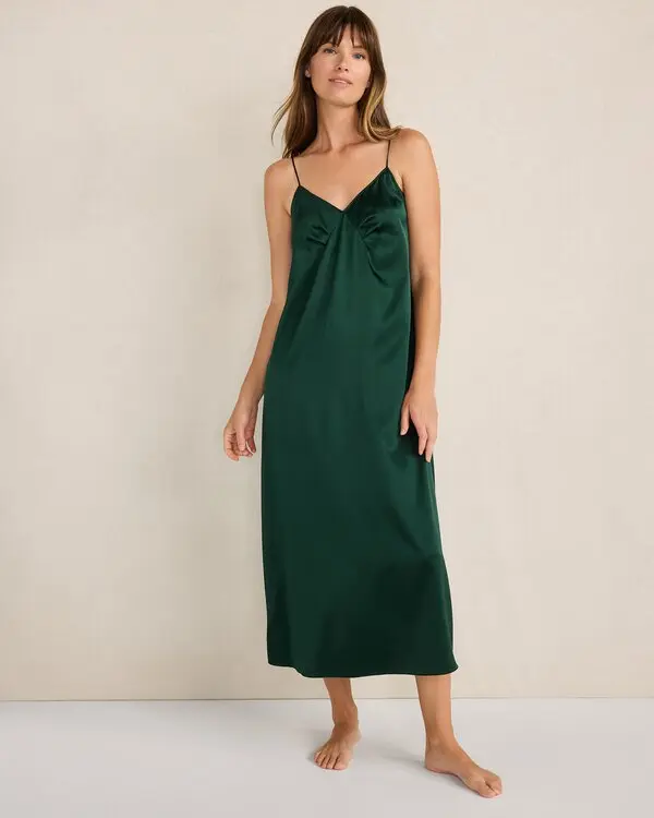 HAVEN WELL WITHIN Washable Silk Pleated Midi Chemise - Hunter