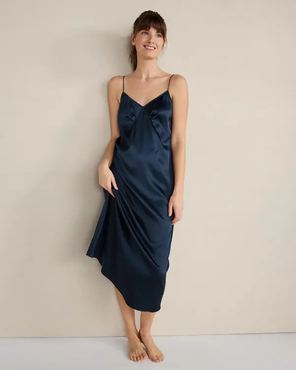 HAVEN WELL WITHIN Washable Silk Pleated Midi Chemise - True Navy