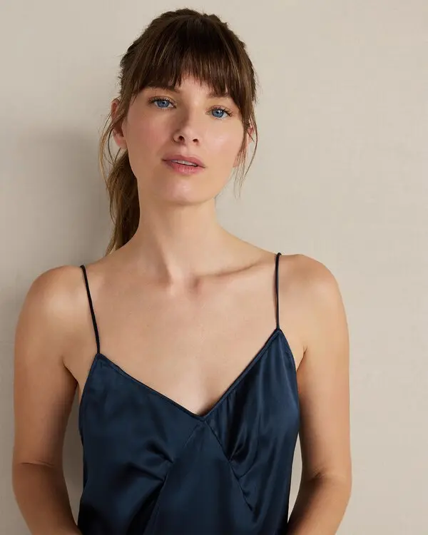 HAVEN WELL WITHIN Washable Silk Pleated Midi Chemise - True Navy
