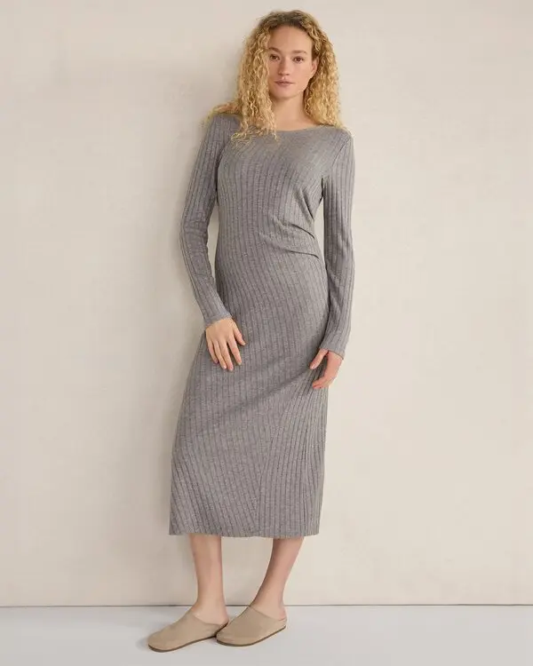 HAVEN WELL WITHIN Ribbed Knit Midi Dress - Fog Hthr