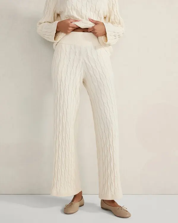 HAVEN WELL WITHIN Cotton Cashmere Cable Knit Wide Leg Pants - Birch