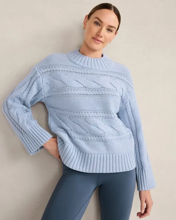 HAVEN WELL WITHIN Cotton Blend Horizontal Cable Knit Sweater - Wave