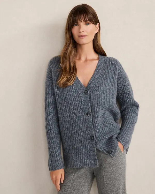 HAVEN WELL WITHIN Marled Cashmere Shaker Stitch Cardigan - Storm