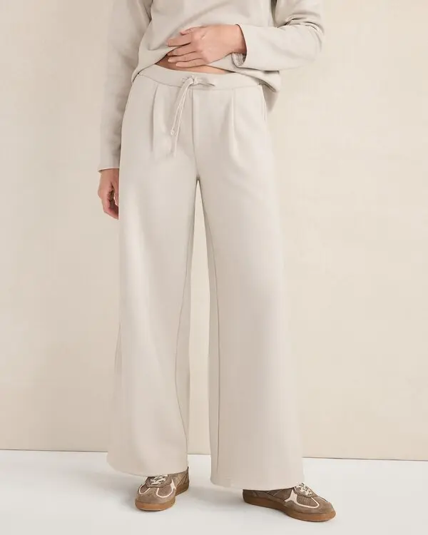 HAVEN WELL WITHIN Soft-brushed Fleece Wide Leg Pants - Oyster Shell