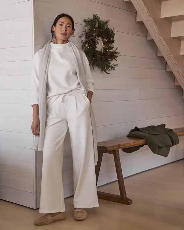 HAVEN WELL WITHIN Soft-brushed Fleece Wide Leg Pants - Oyster Shell