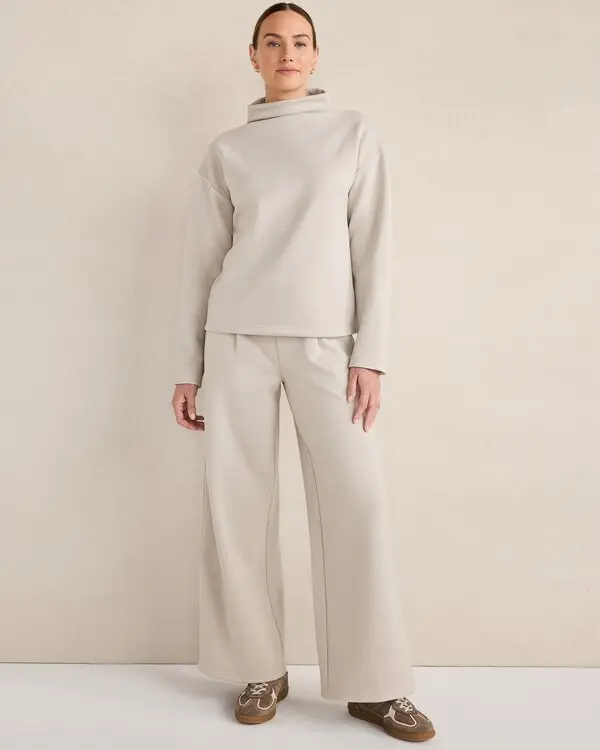 HAVEN WELL WITHIN Soft-brushed Fleece Wide Leg Pants - Oyster Shell