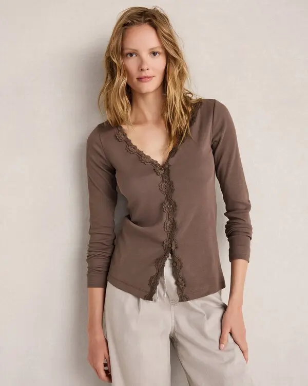 HAVEN WELL WITHIN Organic Cotton Rib Knit Lace Cardigan - Deep Mocha
