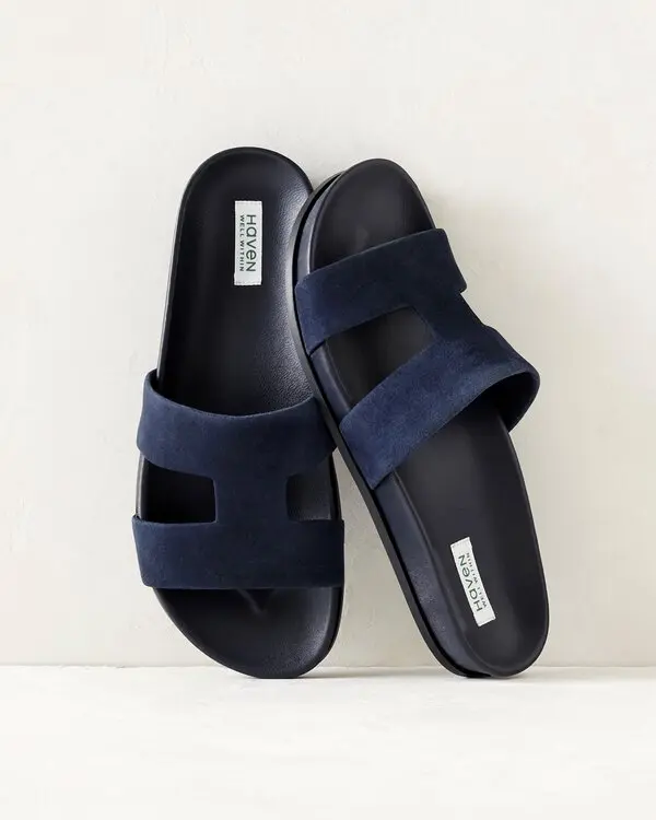 HAVEN WELL WITHIN Suede Cutout Slides - Navy