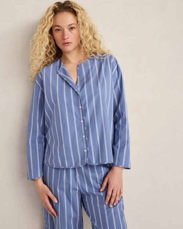 HAVEN WELL WITHIN Organic Cotton Poplin Pinstripe Pajama Top - Pinstripe Lake Multicolor