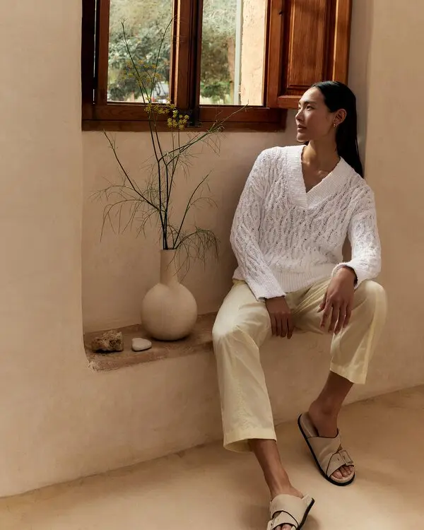 HAVEN WELL WITHIN Slubby Cotton Linen V-neck Sweater - Straw