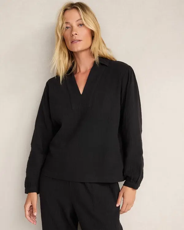 HAVEN WELL WITHIN Textured Cotton Gauze Collared Top - Black