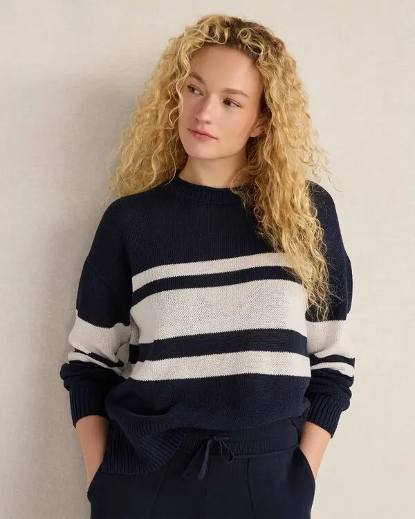 HAVEN WELL WITHIN Cotton Linen Stripe Roll Neck Sweater - Indigo Ink,ivory