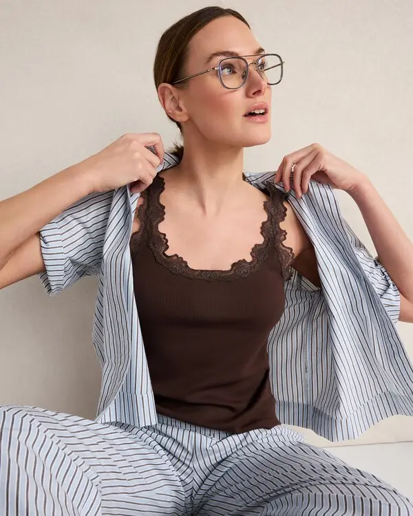 HAVEN WELL WITHIN Organic Cotton Poplin Iris Stripe Pajama Top - White Multicolor
