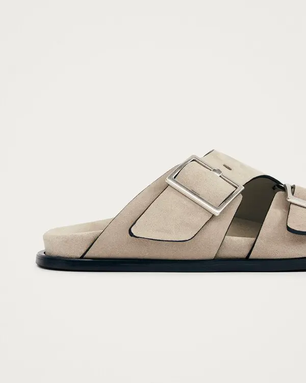 ALOHAS Alba Suede Leather Sandals With Metallic Buckle - Suede Beige