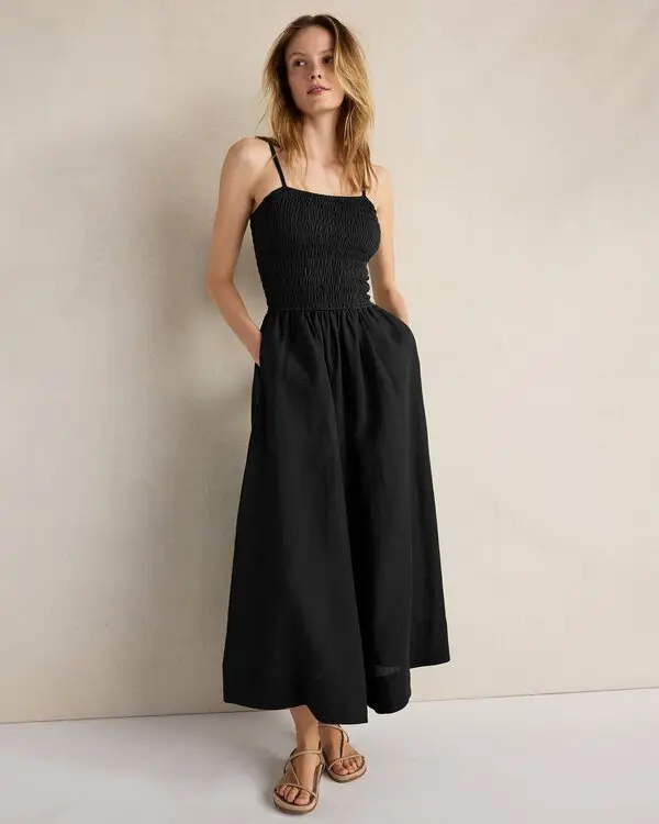 HAVEN WELL WITHIN Organic Cotton Linen Strappy Midi Dress - Black