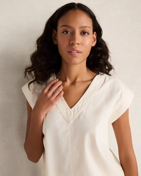 HAVEN WELL WITHIN Belted V-neck Denim Top - Ecru