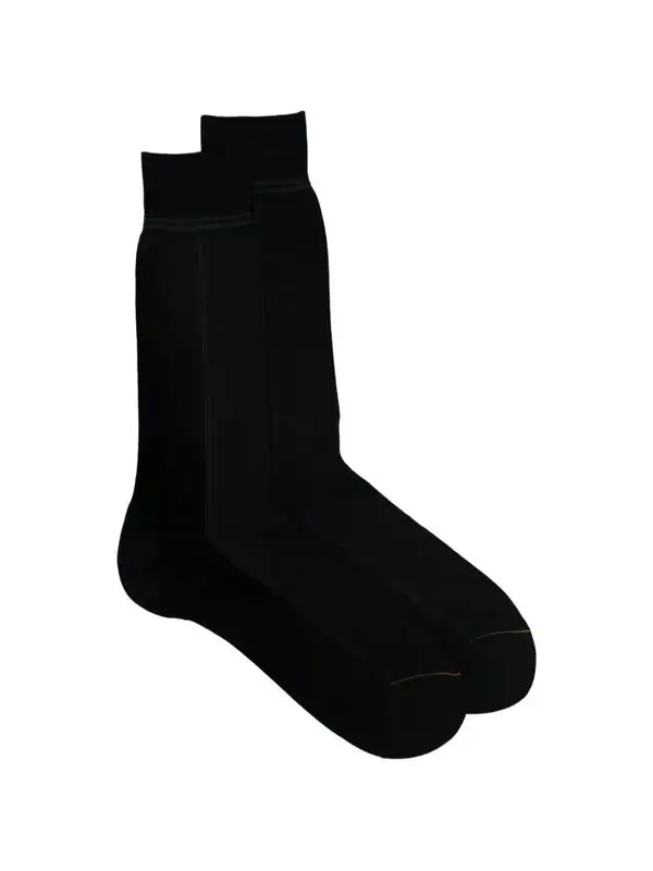 Zegna Ribbed Knit Striped Trim Crew Socks - Black