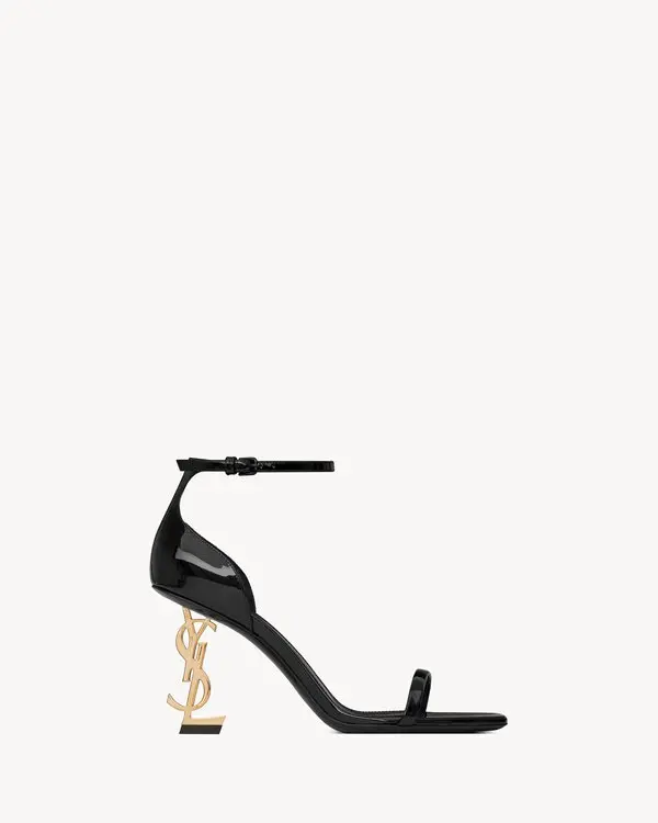 Saint Laurent Opyum Patent Leather Sandals With Cassandre Heel - Black