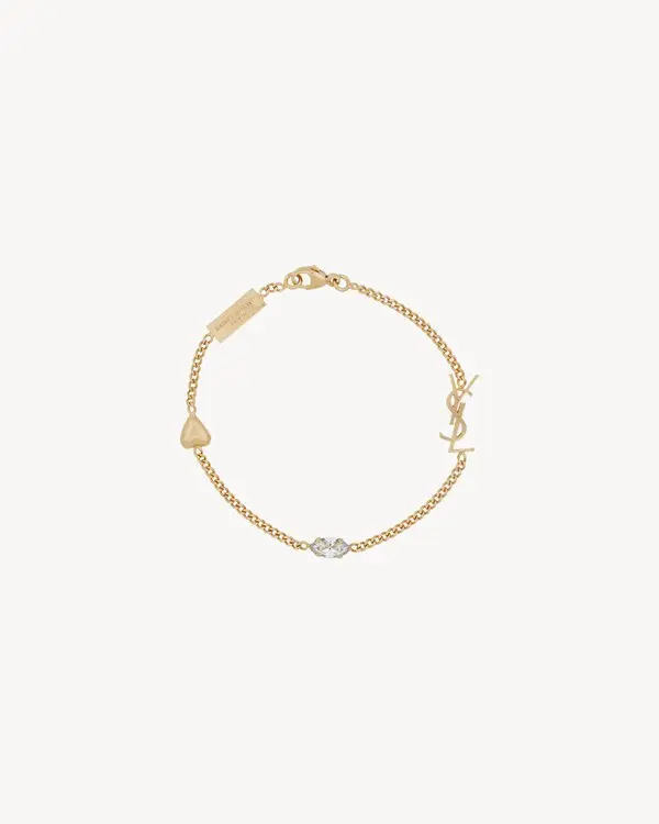 Saint Laurent Cassandre Heart Charm Bracelet In Metal And Rhinestone - Aged Brass Gold